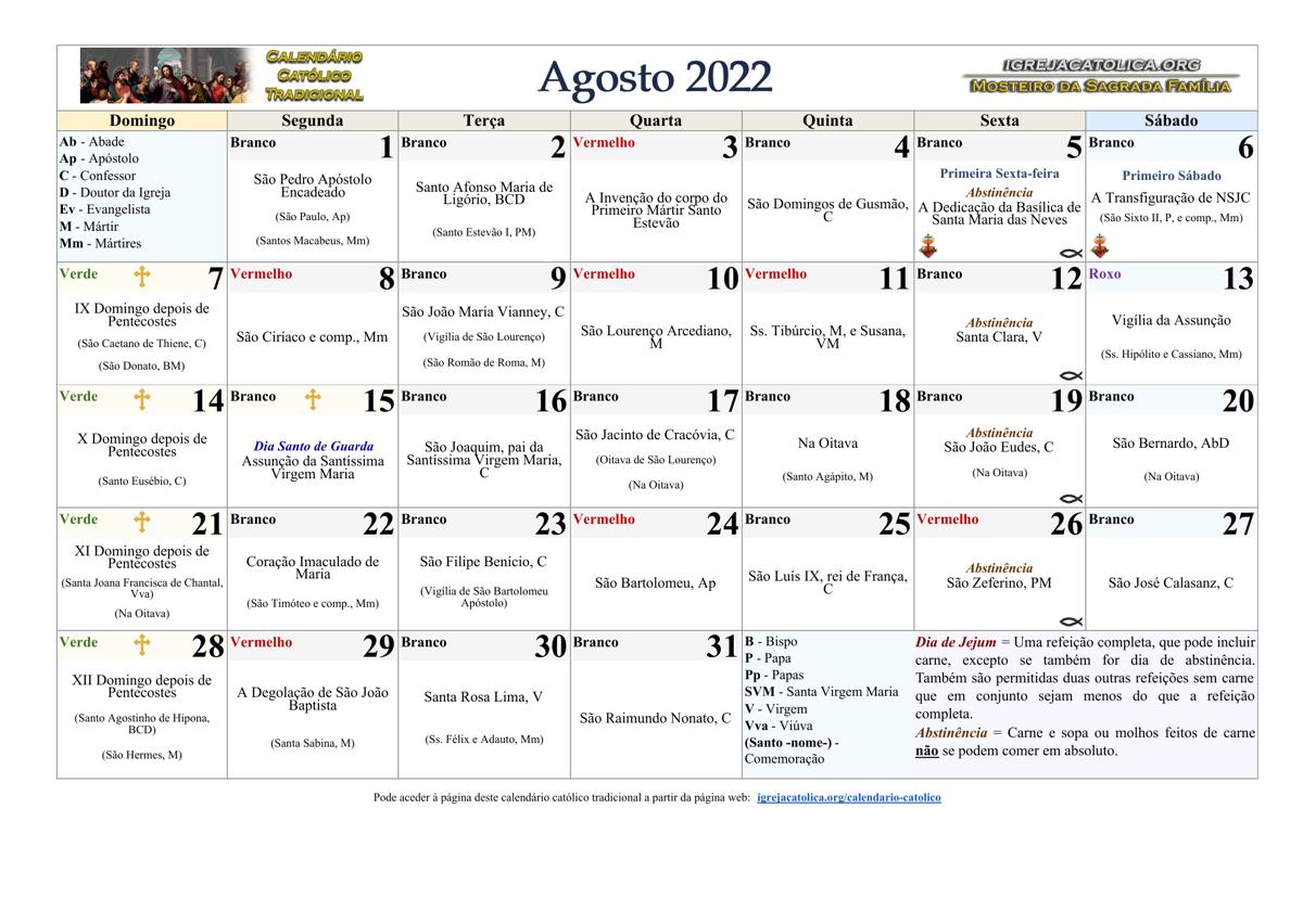 Calendário Católico Tradicional - 2022